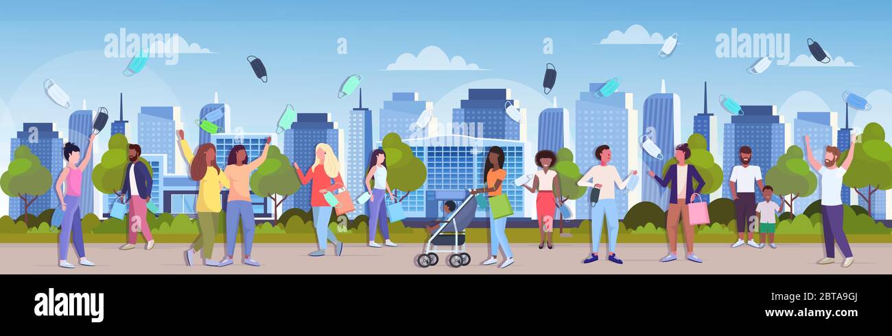 mix race people crowd throwing face masks celebrating victory over ...