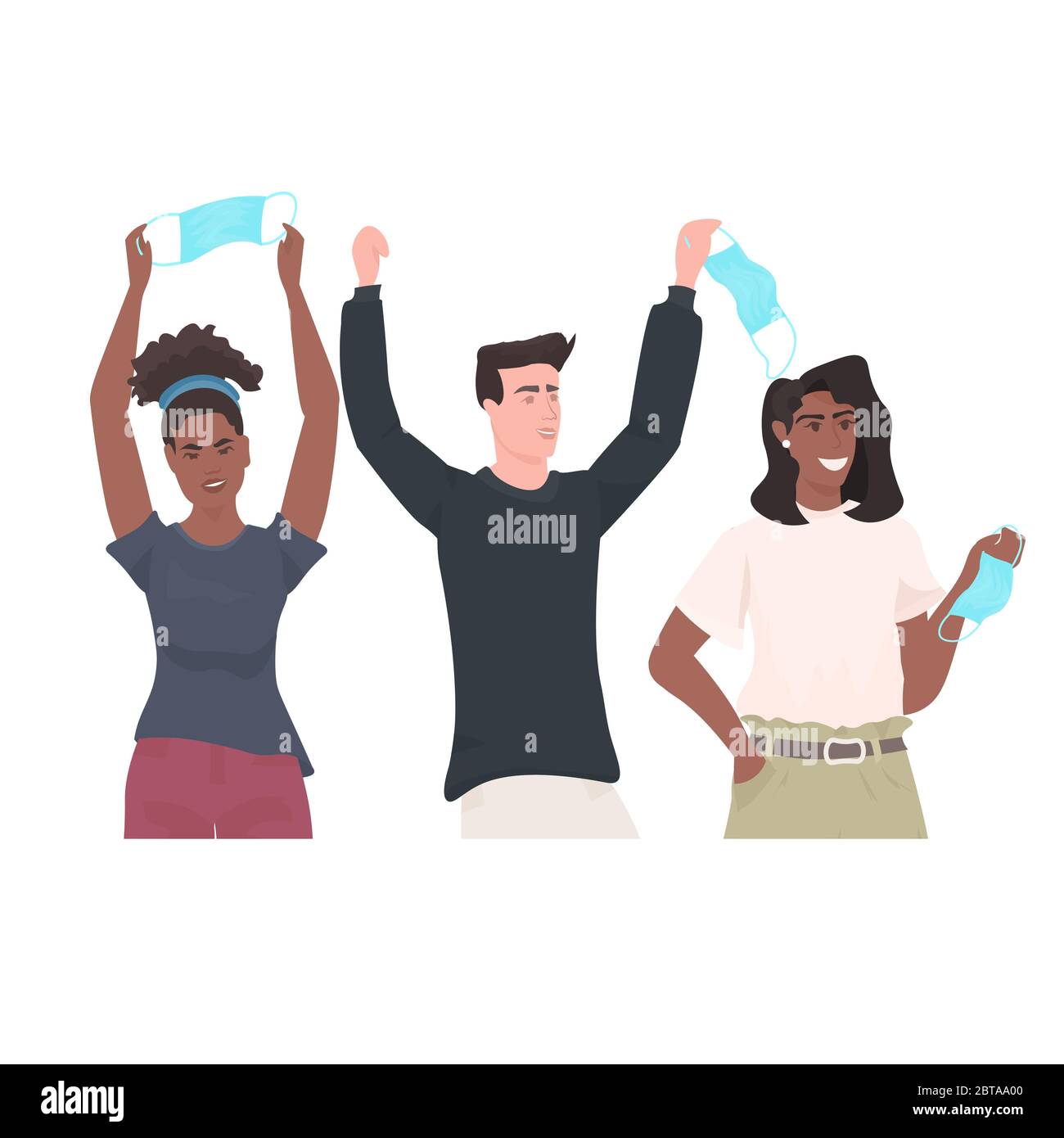 mix race people taking off face masks friends celebrating victory over ...