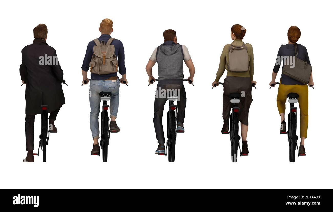 set cyclists back view isolated on white. 3d rendering Stock Photo - Alamy