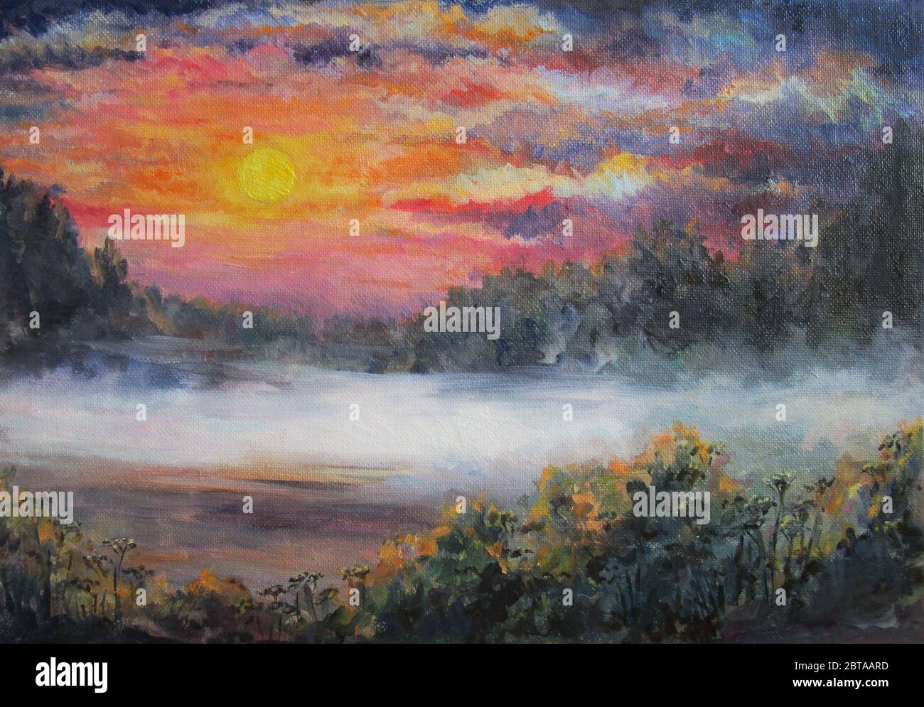 evening sunset, sun and clouds, oil painting Stock Photo - Alamy