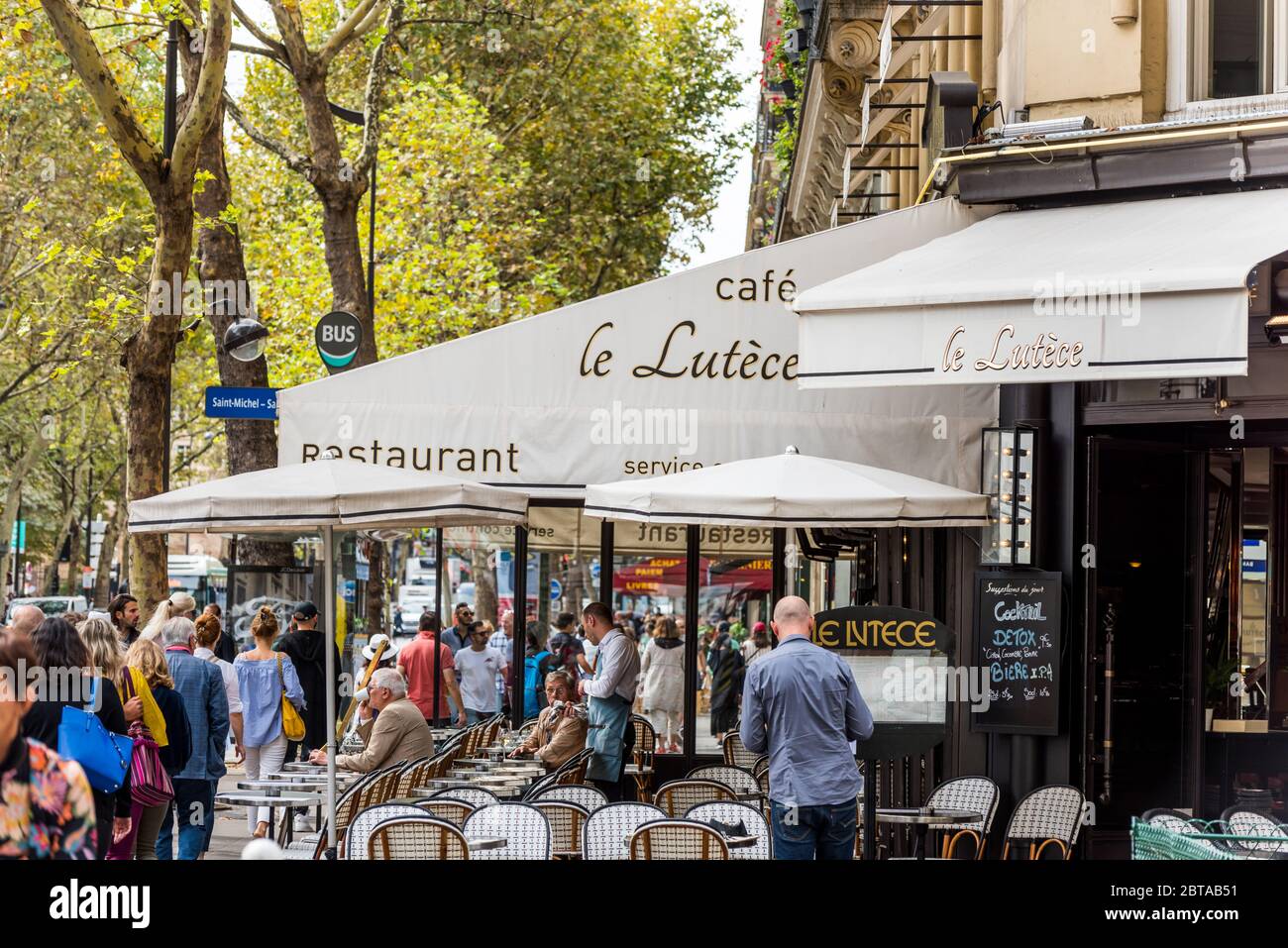 Street view with restaurant of downtown of Paris, France Stock Photo ...