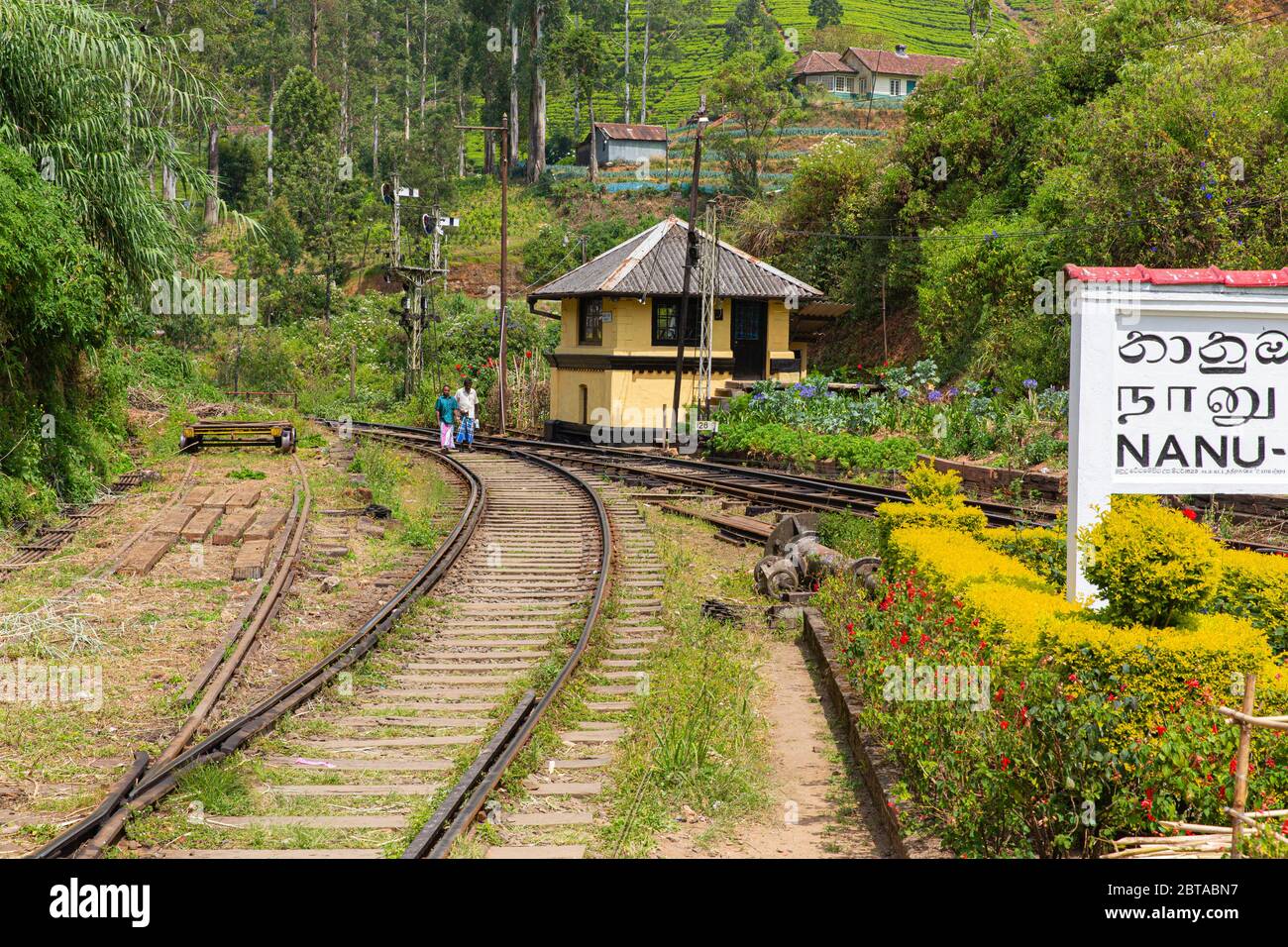 Train to Ella from Nanu Oya. Two men walking along the track past the ...
