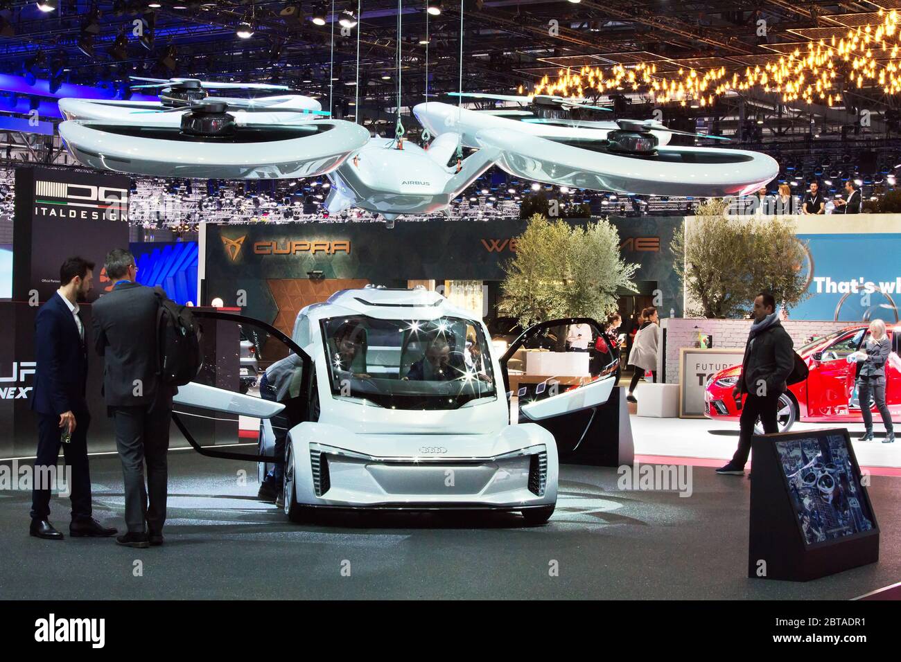 GENEVA, SWITZERLAND - March 7th, 2018: Airbus flying car with attached ...