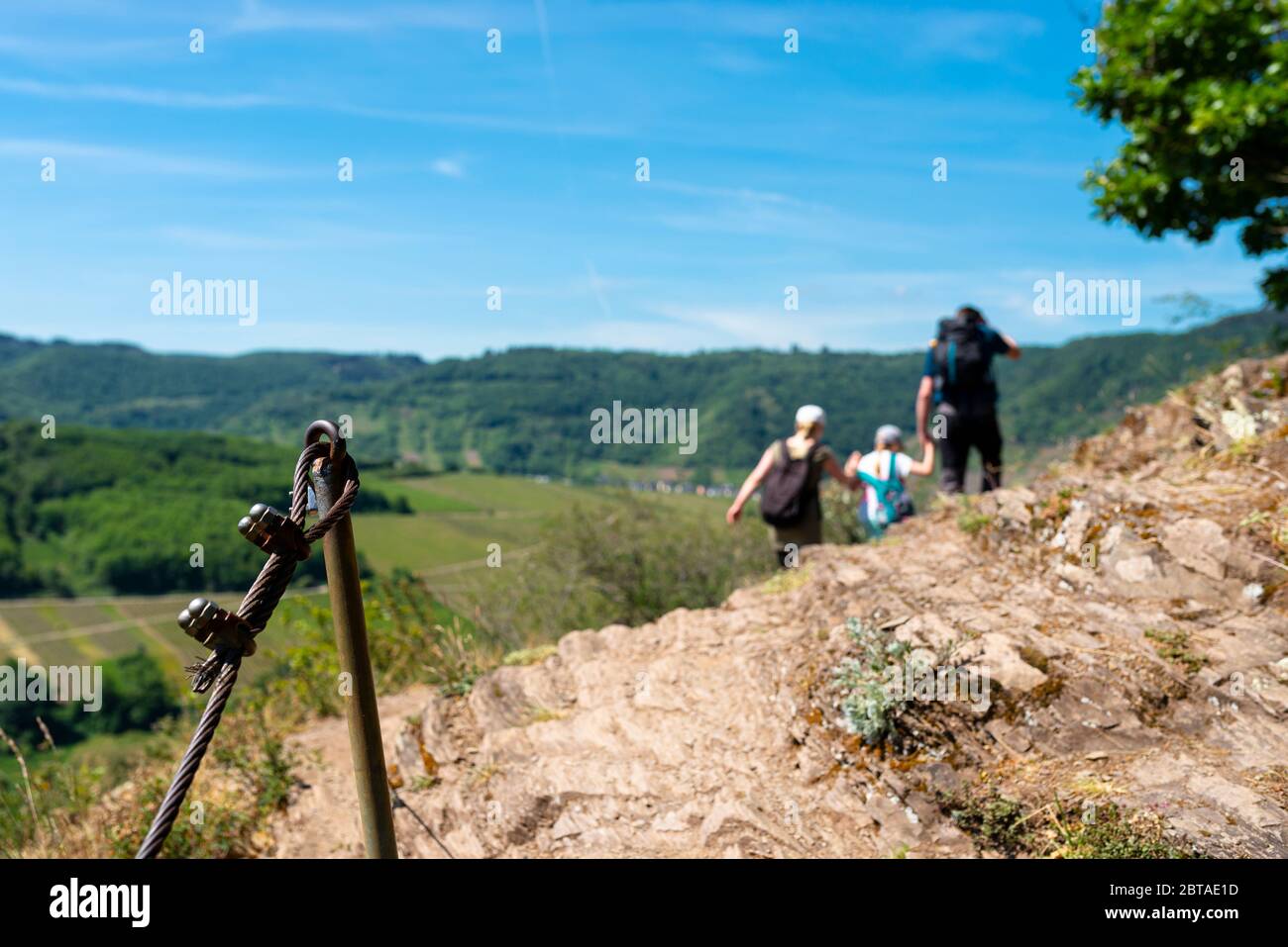 Metal railing on the vineyard trail, dry slate rocks visible and family ...