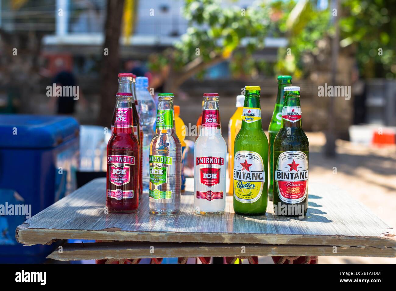 BALI, INDONESIA - September 20th 2019 -A variety brands of alcoholic ...