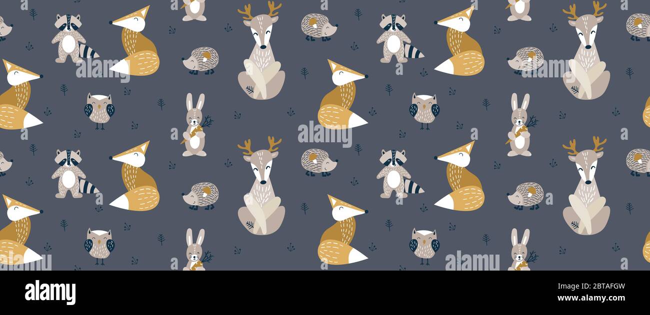Seamless pattern with cute woodland animals on dark background. Vector ...
