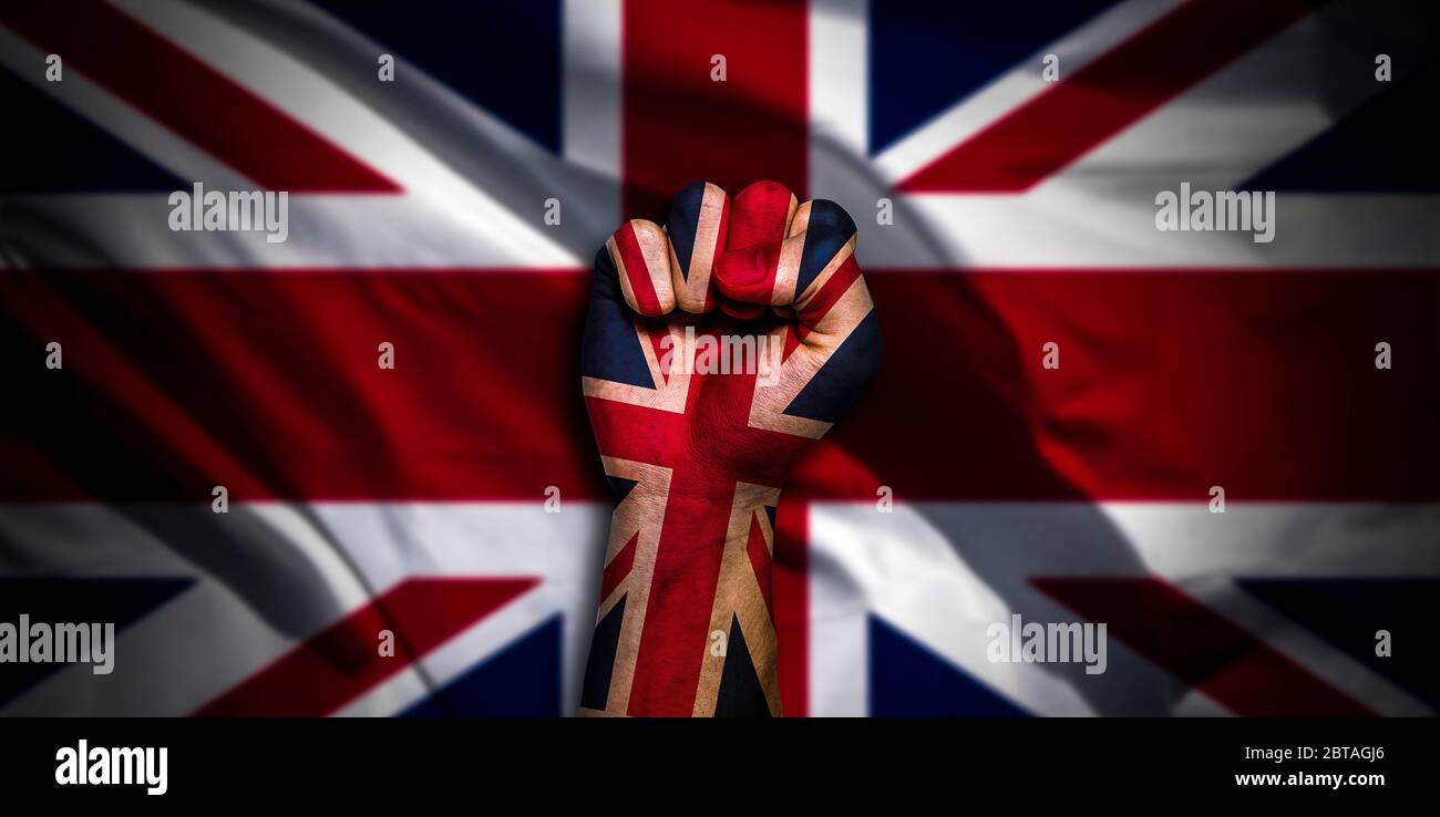 Banner of Flag of United Kingdom painted on male fist, fist flag ...
