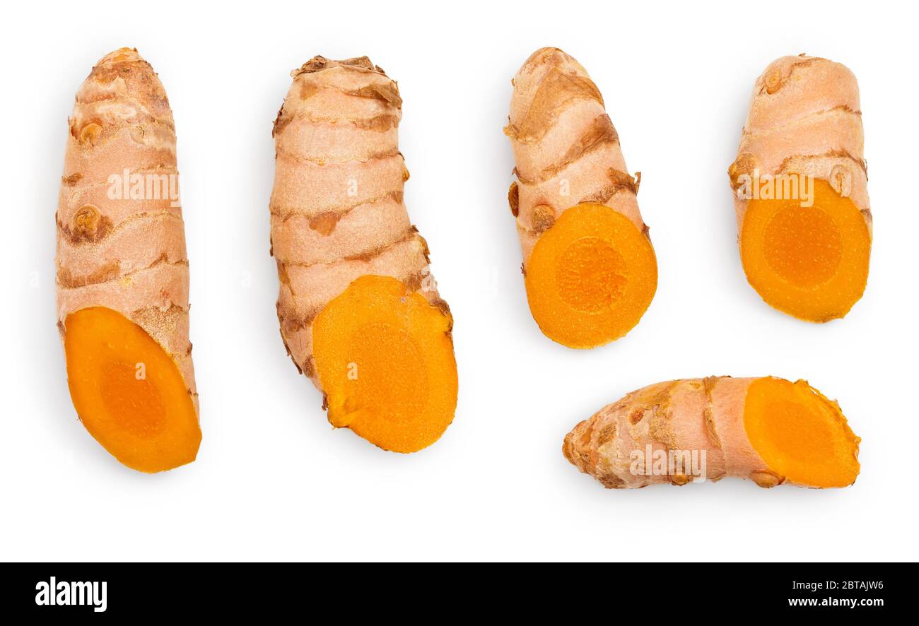 turmeric root and slices isolated on white background. Top view. Flat ...