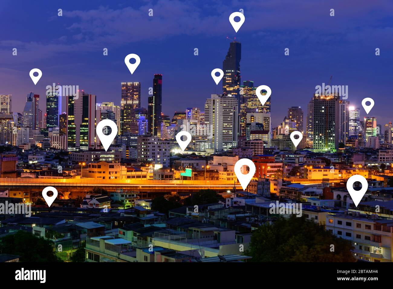 Check in sign in the city / high view of city with check-in sign for ...