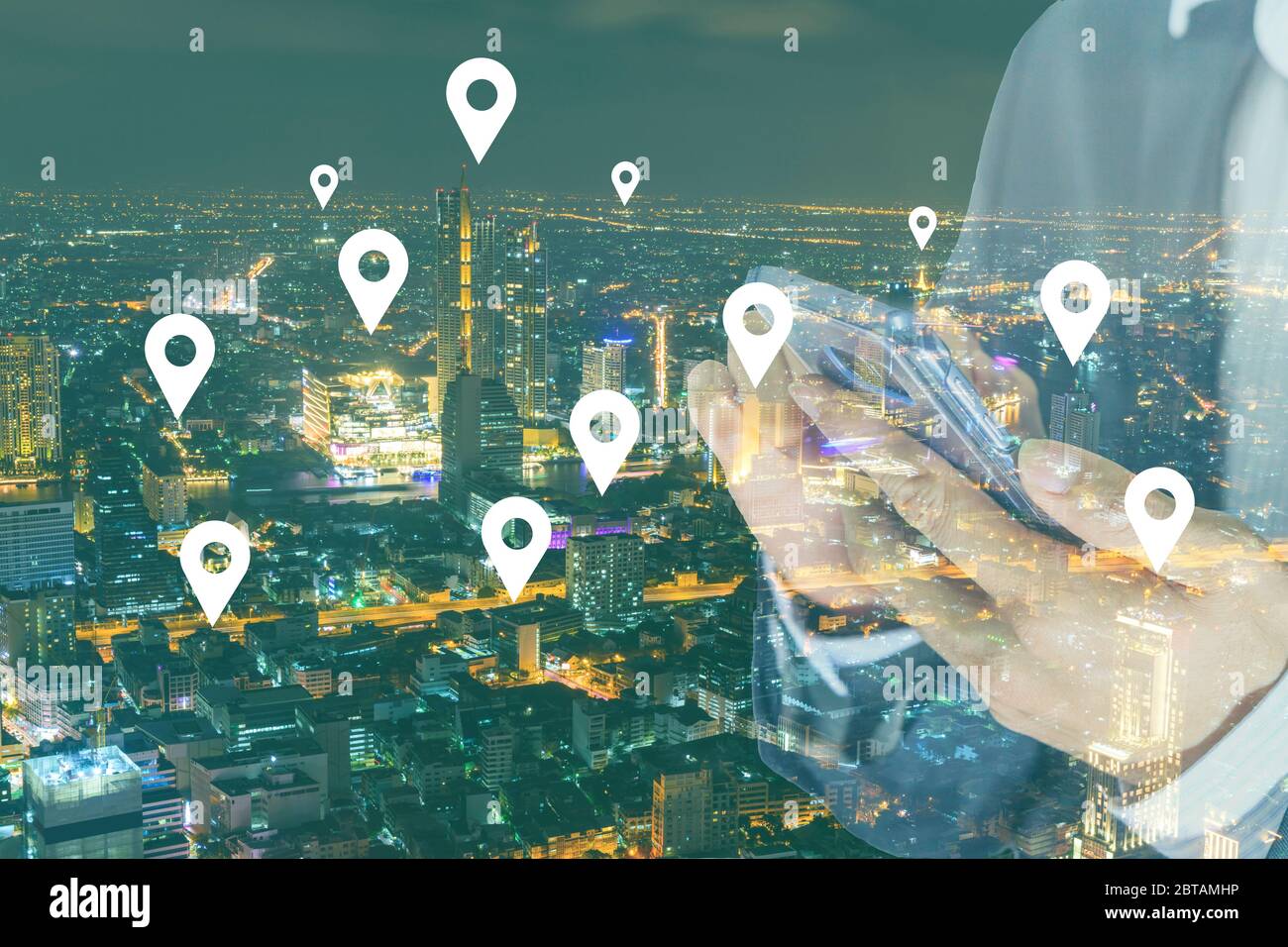 Check in sign in the city / high view of city with check-in sign for ...