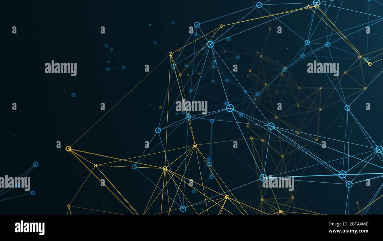 Connected network nodes blue and yellow on black background Stock Photo ...