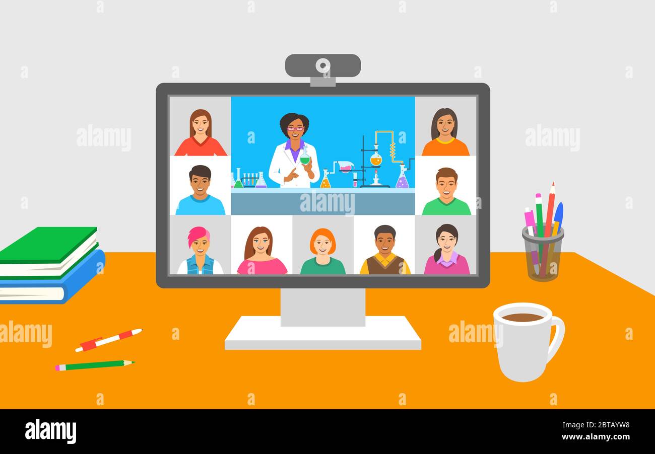 Online education virtual chemistry class teleconference. Young students ...