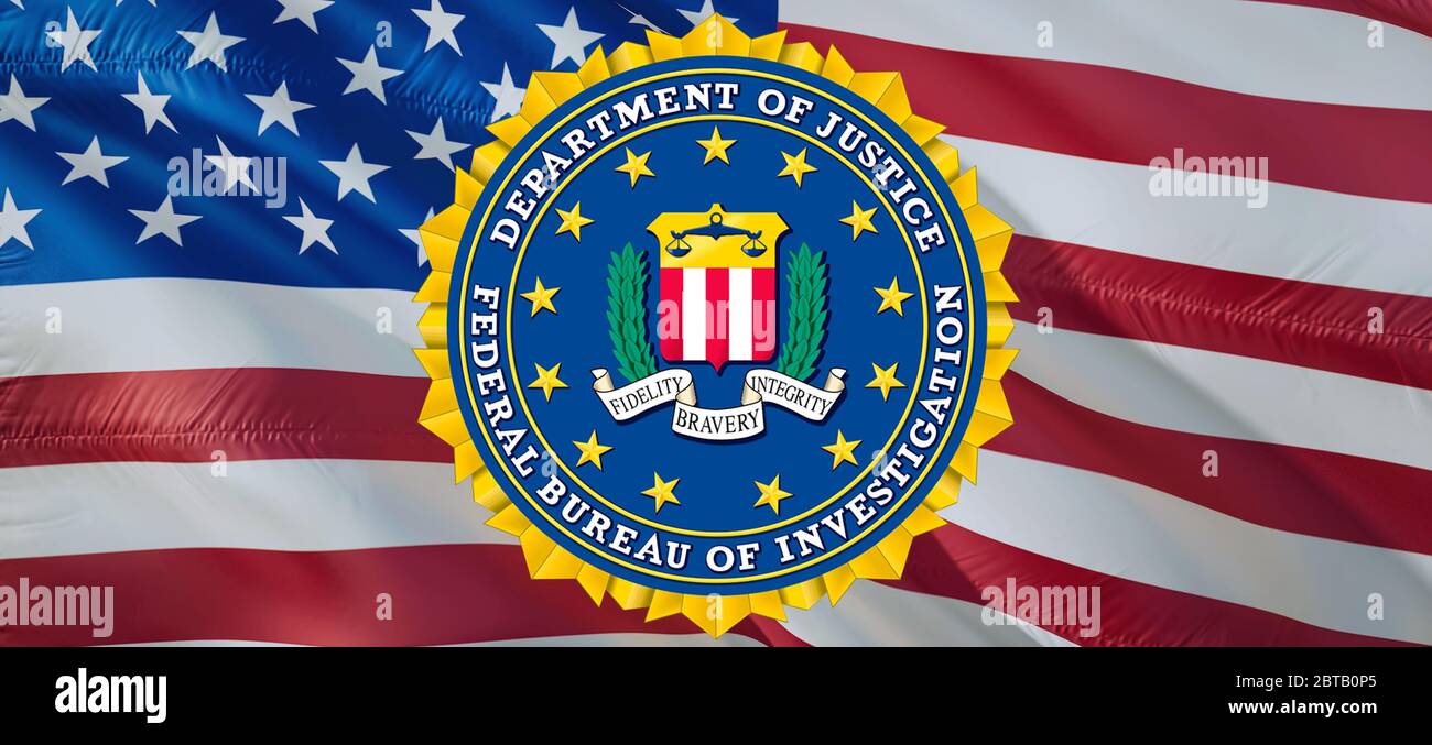 United States FBI emblem waving on United States flag. National 3d ...
