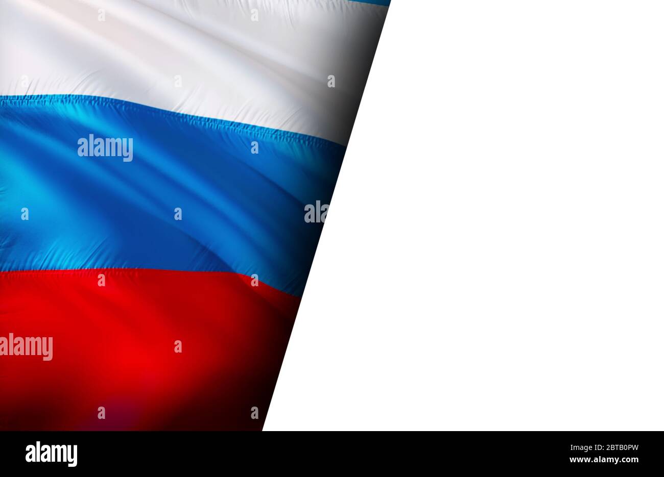 Russian flag waving in wind half white background for text. Realistic ...