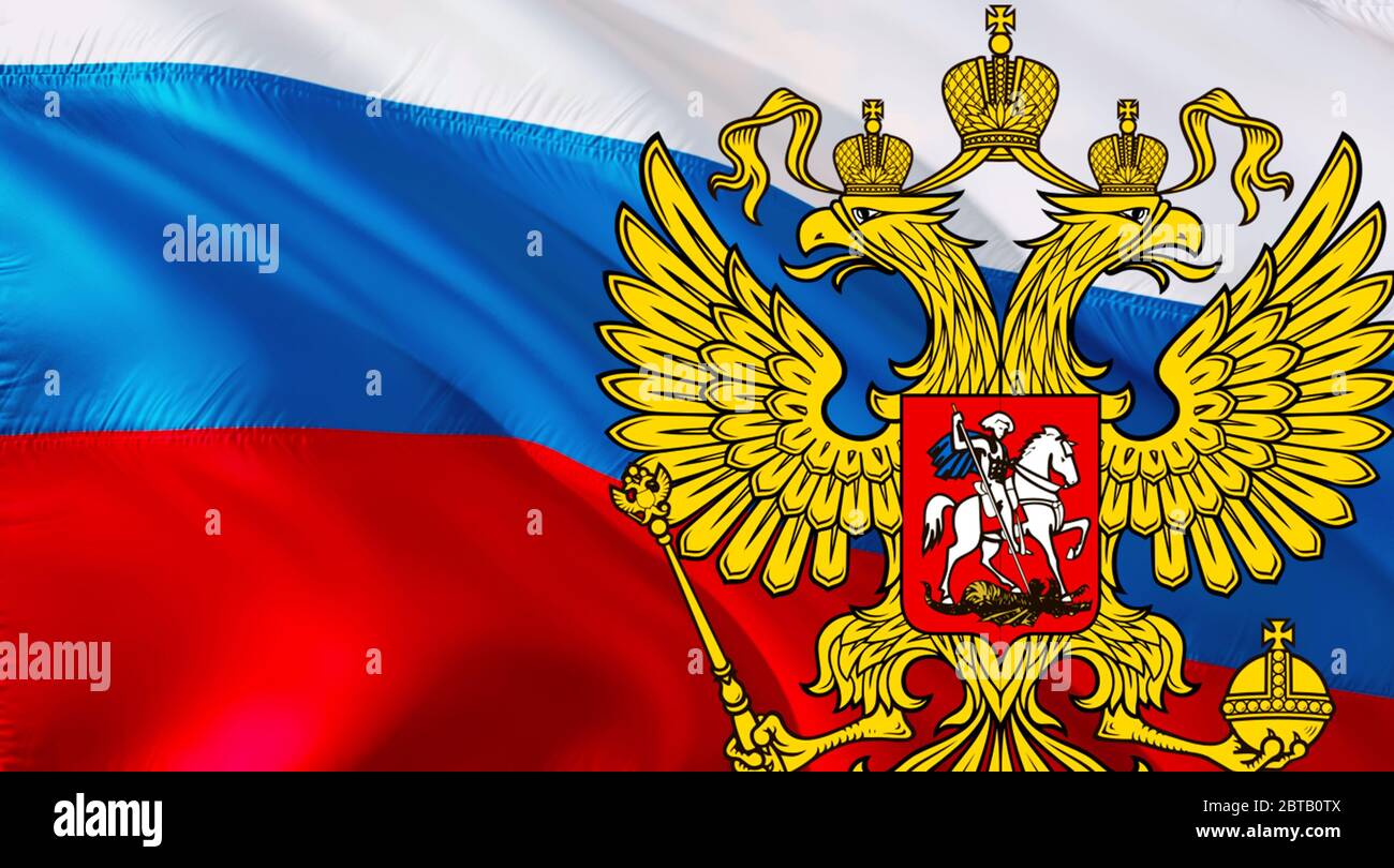 Russia emblem on Russian Federation flag design on Russia background ...