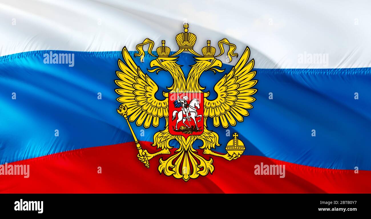 Russia emblem on Russian Federation flag design on Russia background ...