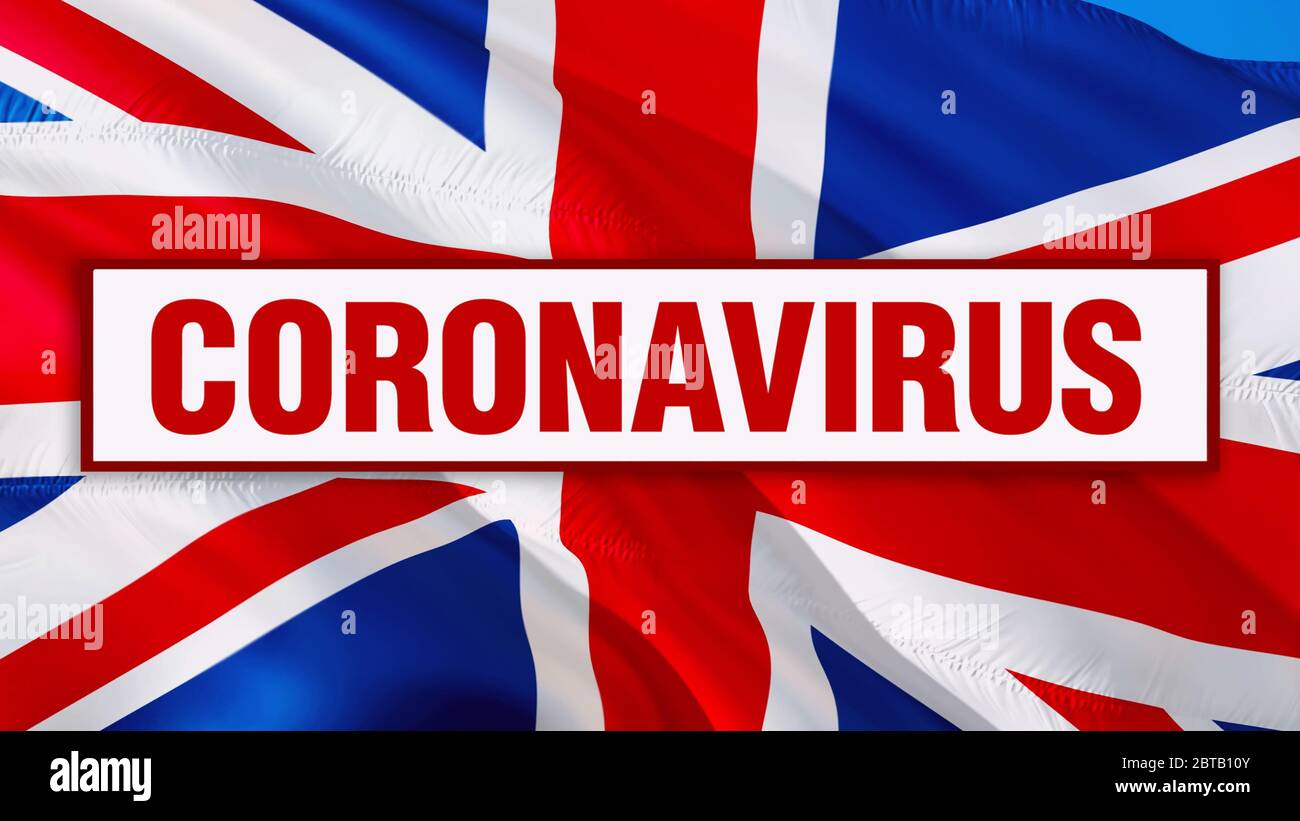 Coronavirus Text on British flag waving in wind. Realistic British UK ...