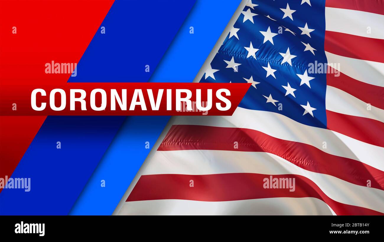 Coronavirus Text on USA flag waving in wind. Realistic USA American ...