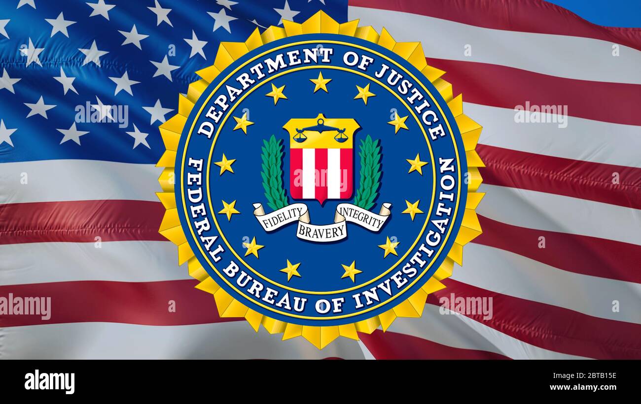 FBI emblem on USA flag in wind. Federal Bureau of Investigation Flag ...