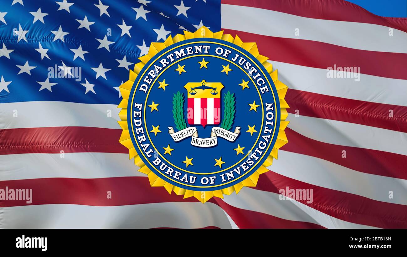 FBI emblem on USA flag in wind. Federal Bureau of Investigation Flag ...