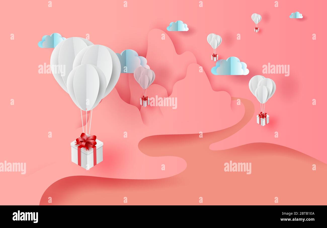 3D Paper art of white balloons gift floating with nature landscape view ...