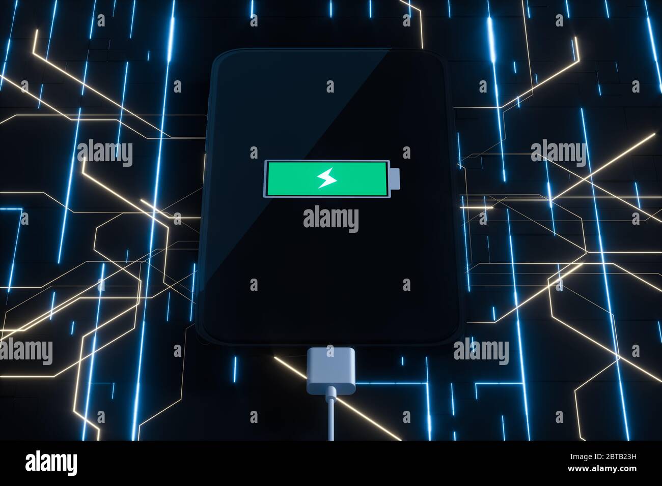 The charging mobile phone with circuit background, 3d rendering ...