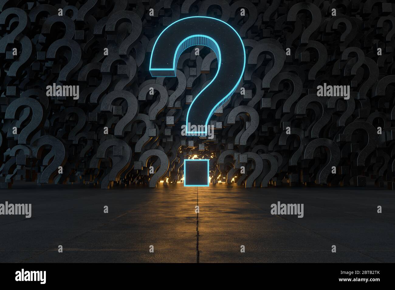 Glowing question marks with dark background, 3d rendering. Computer ...