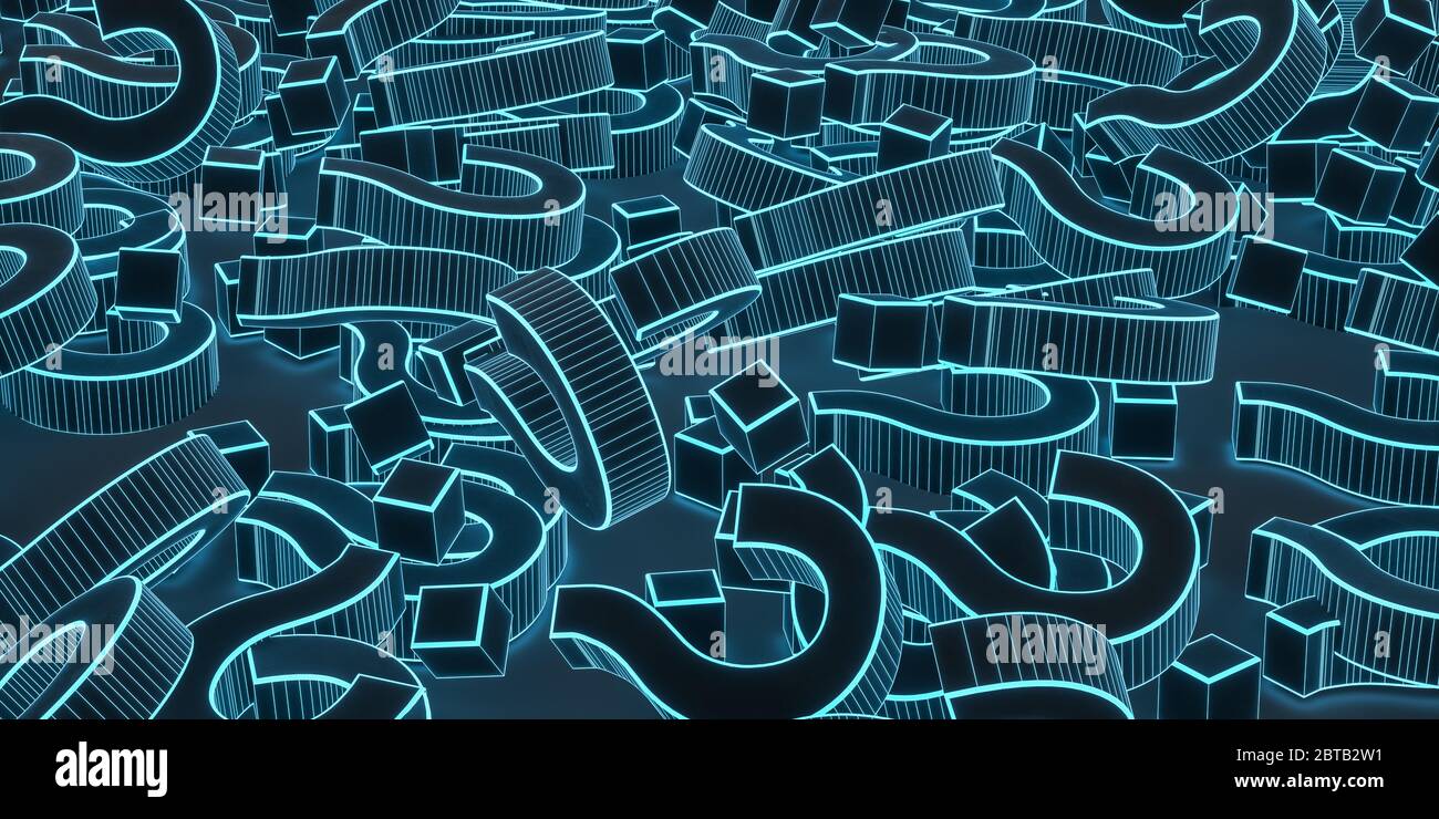 Glowing question marks with dark background, 3d rendering. Computer ...