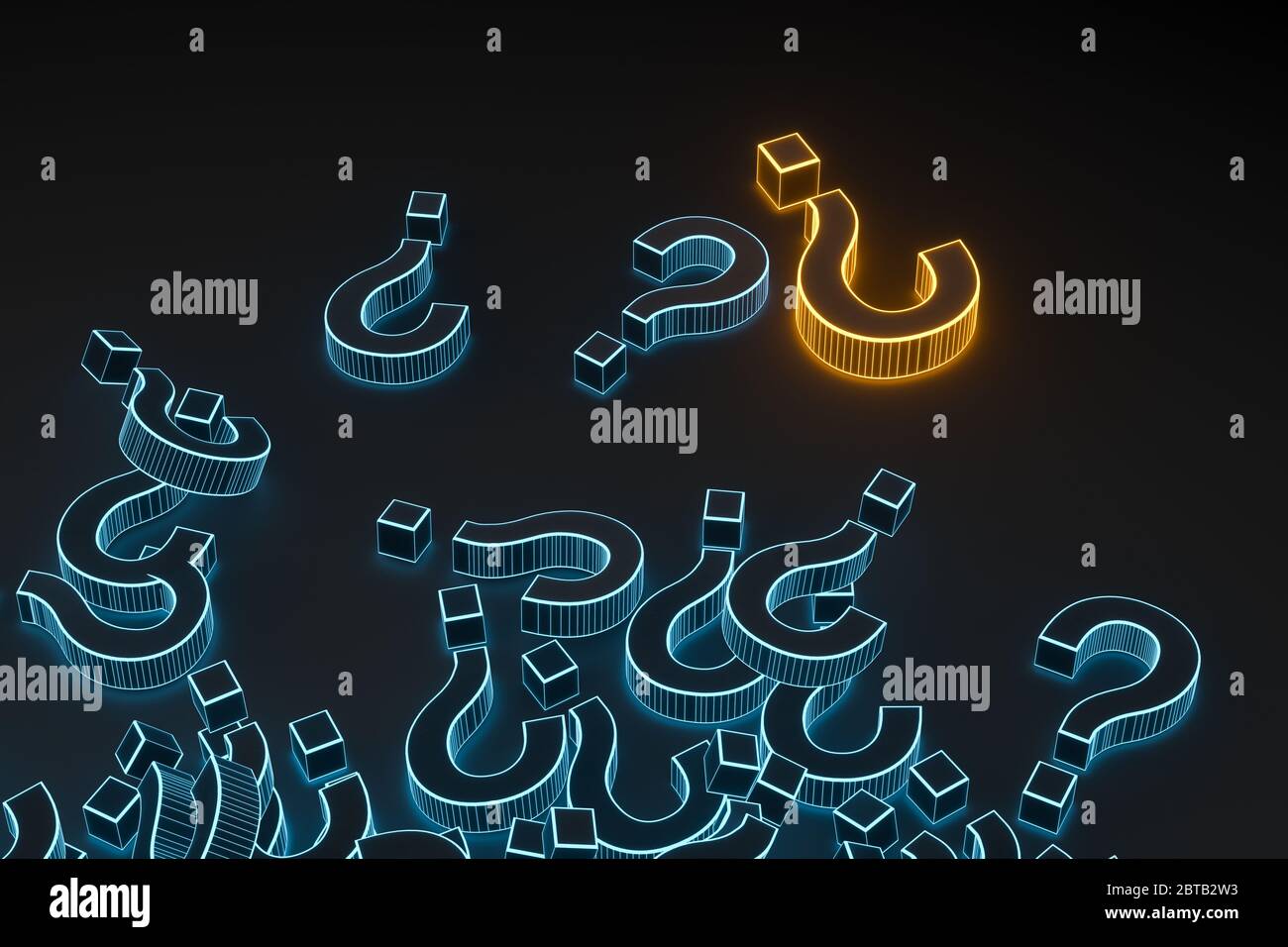 Glowing question marks with dark background, 3d rendering. Computer ...