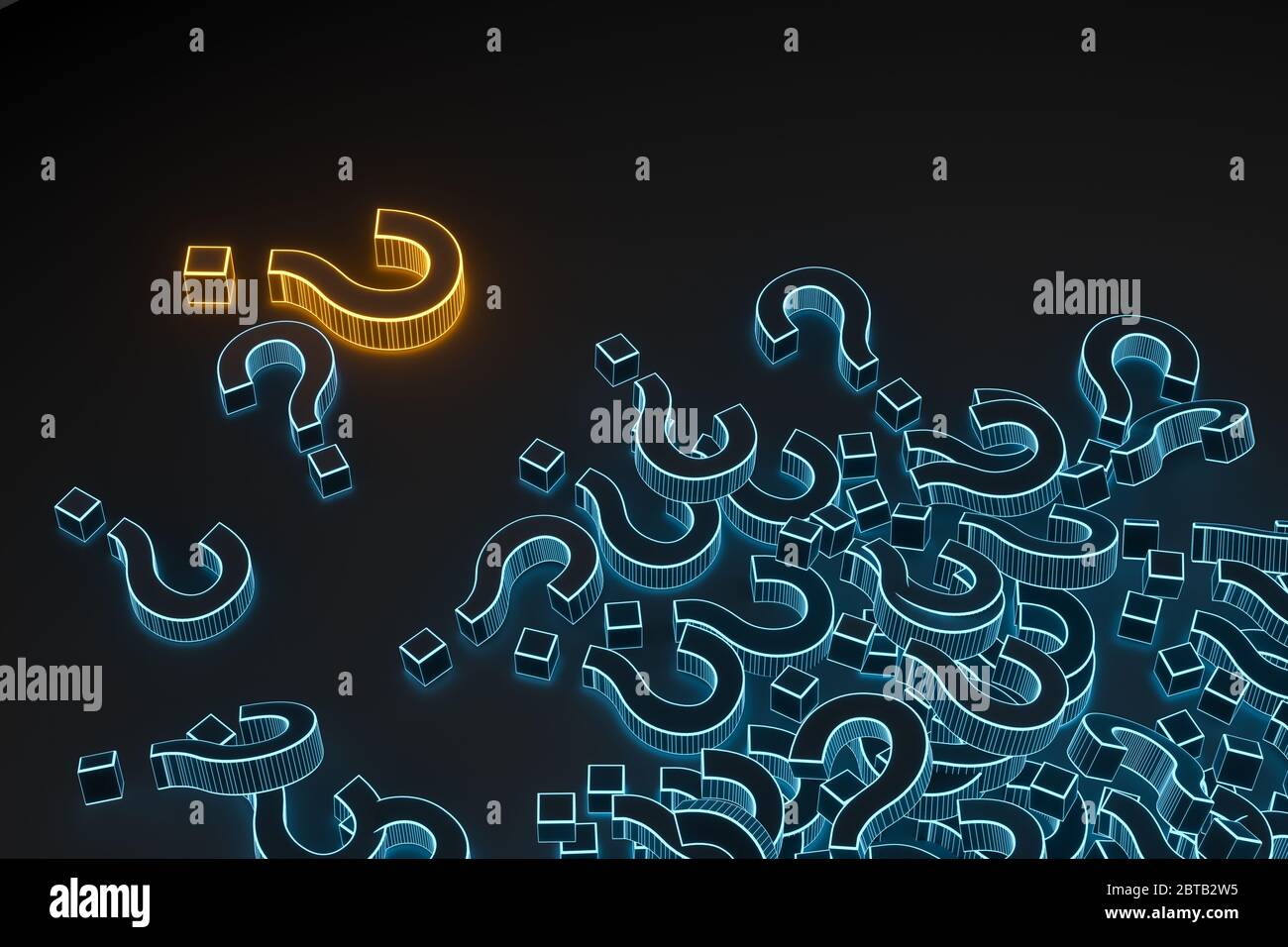 Glowing question marks with dark background, 3d rendering. Computer ...