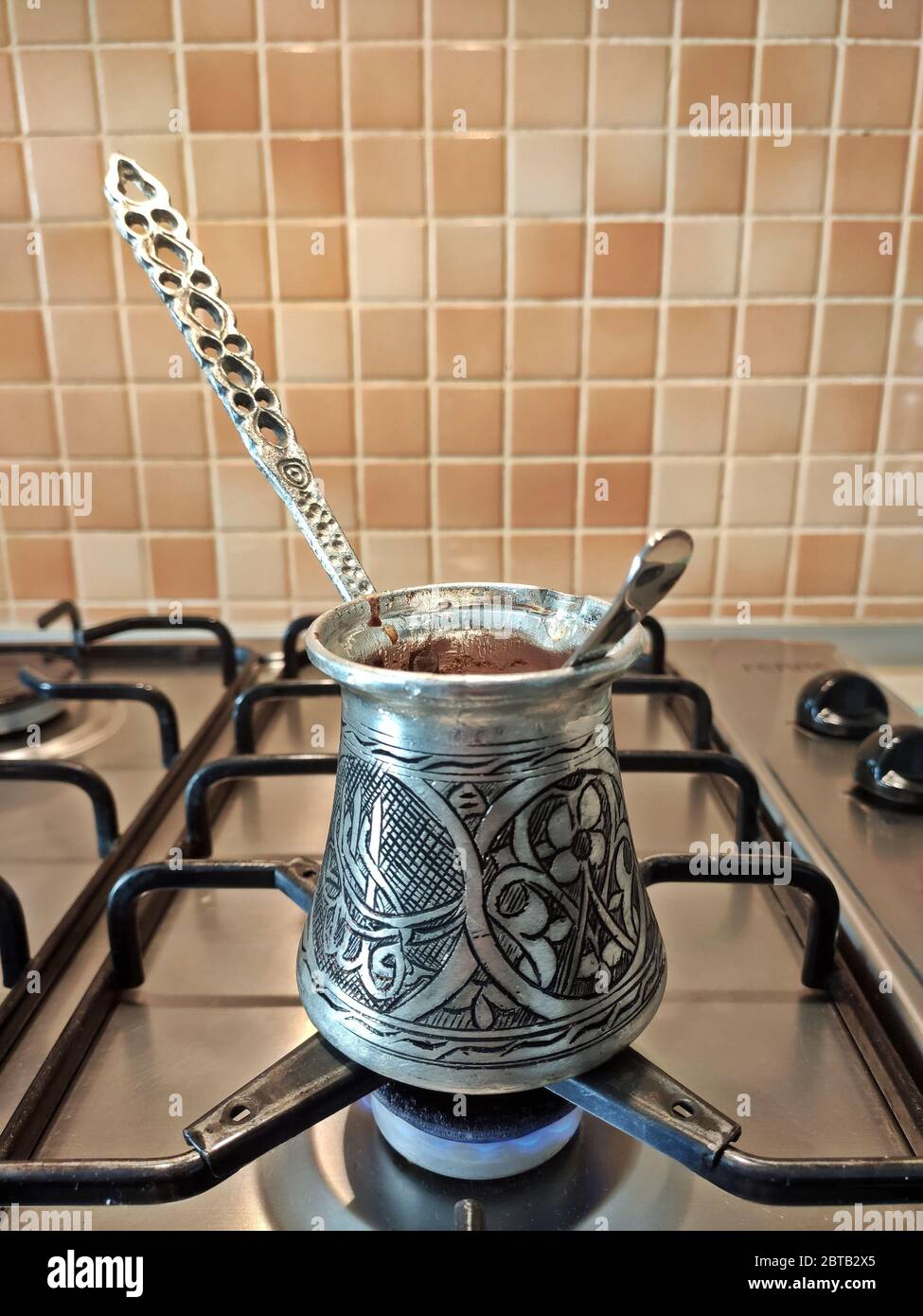 Delicious traditional Turkish coffee, making and presentation… Stock ...