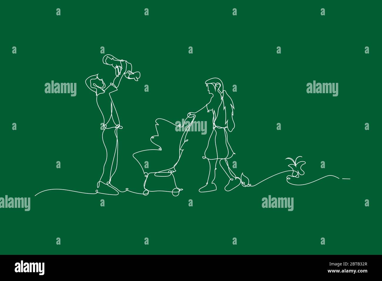illustration Happy family have fun with continuous white line drawing ...