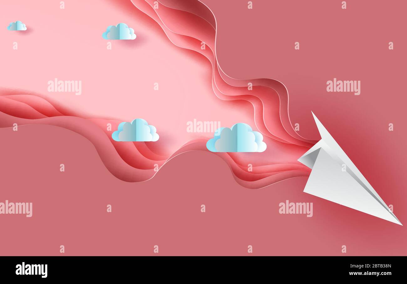 3d paper art of paper air plane on air cloudscape.Blue abstract paper ...