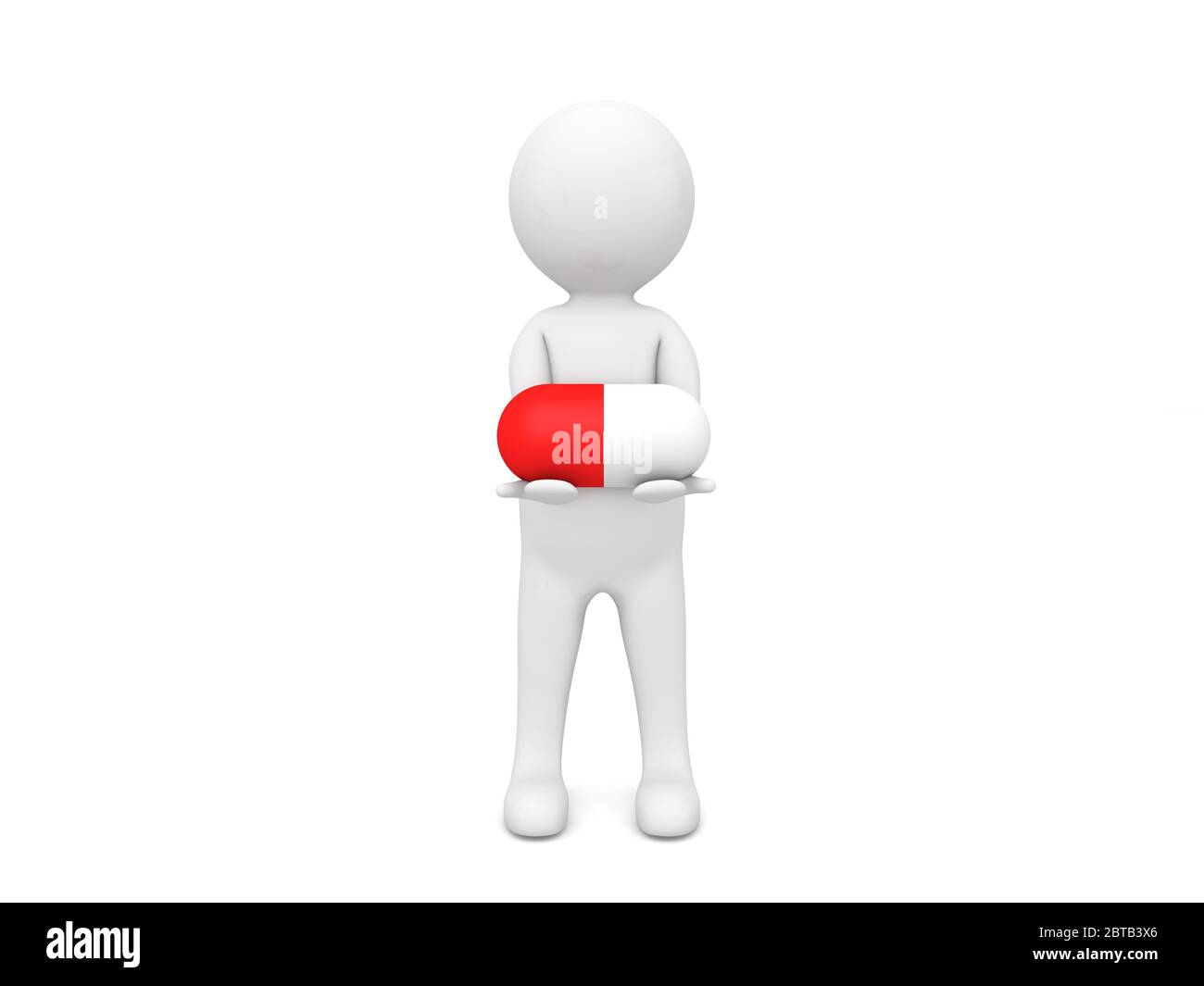3d character with a pill in hands on a white background. 3d render ...