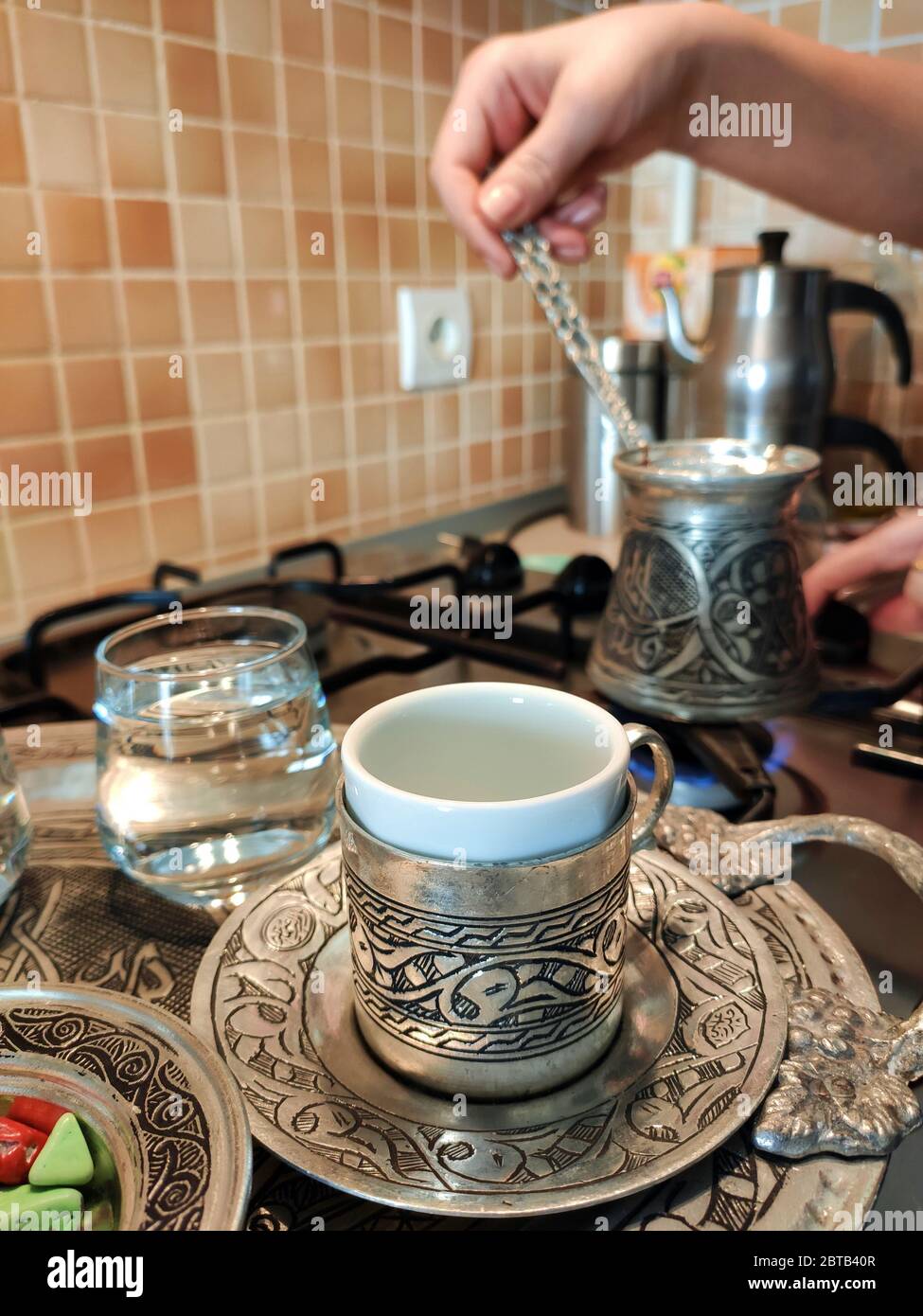 Delicious traditional Turkish coffee, making and presentation… Stock ...