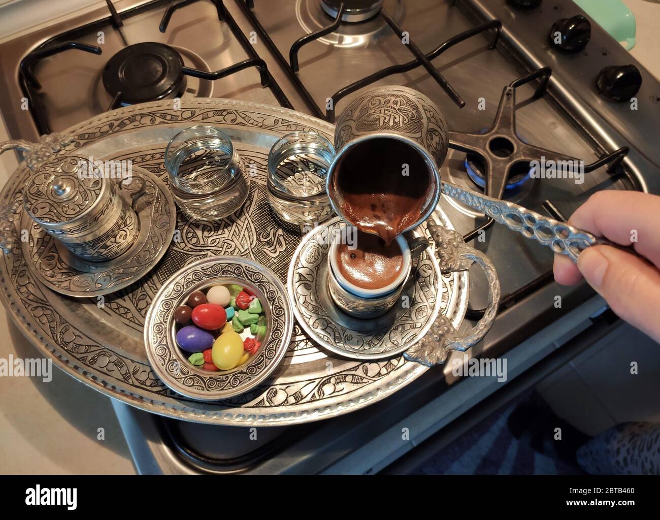 Delicious traditional Turkish coffee, making and presentation… Stock ...