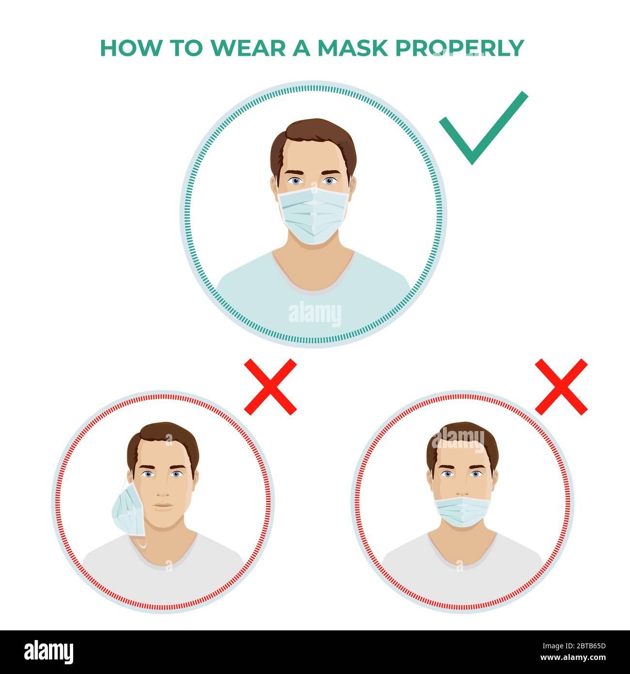 How to wear medical mask properly vector icons illustration Stock ...