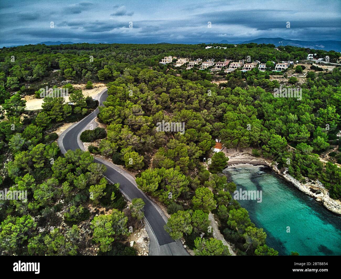 Aerial photography cove with green lagoon turquoise water, hillside ...