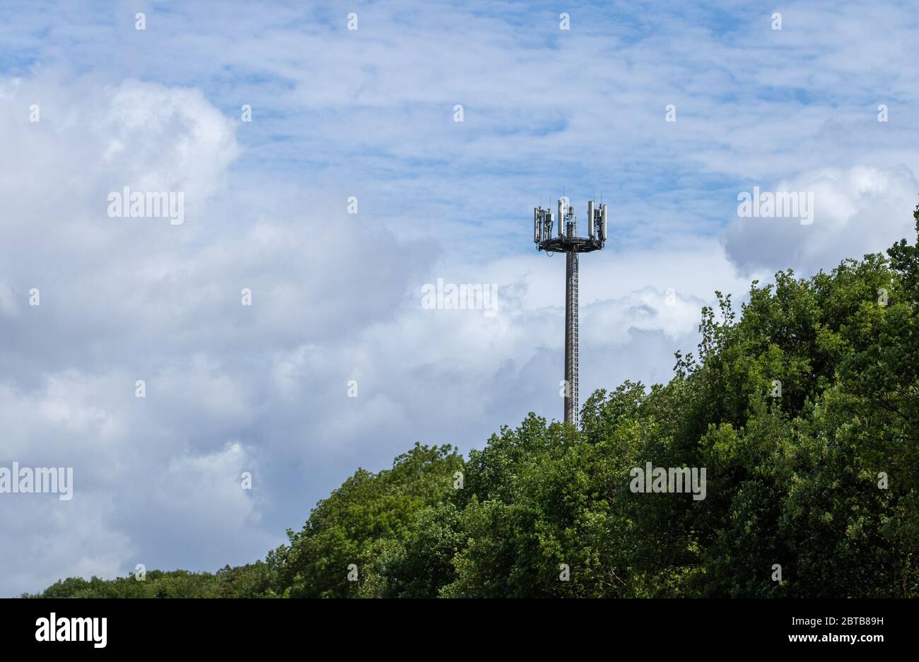 telecommunication antenna behind trees, blue cloudy sky Stock Photo - Alamy