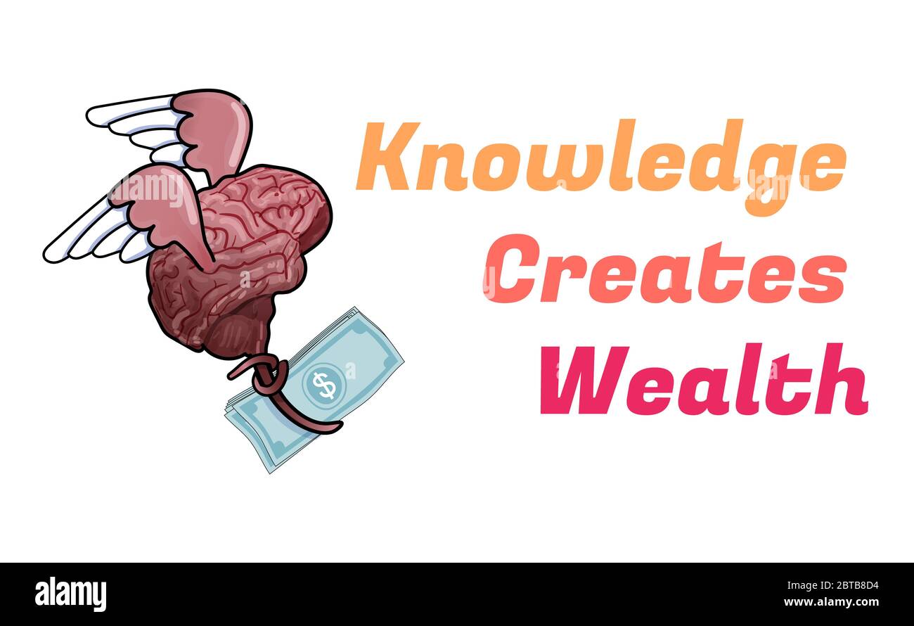 Flying brain collect money, knowledge created wealth, concept for ...