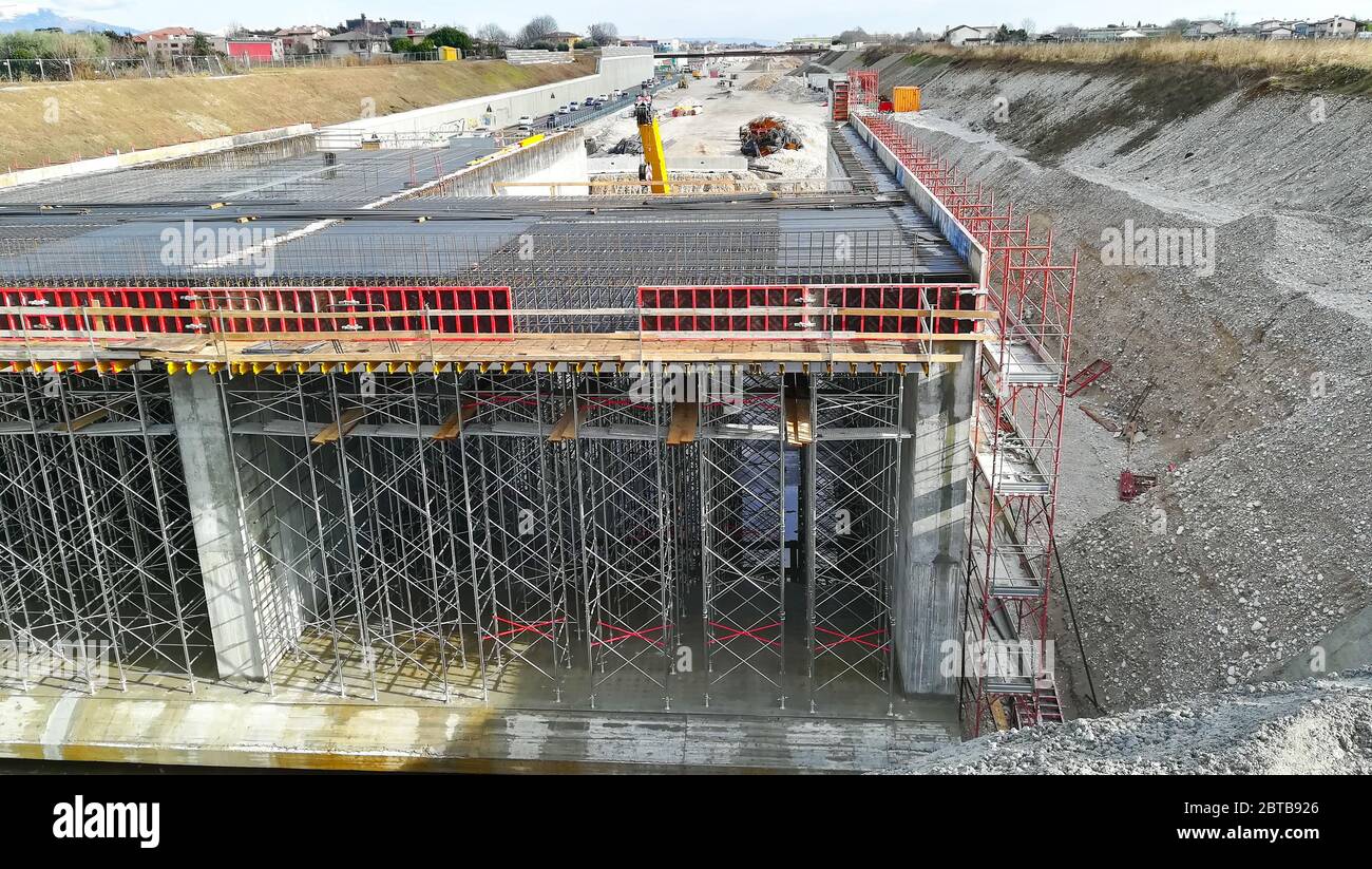 Highway construction site view. Civil engineering. Road on costruction ...