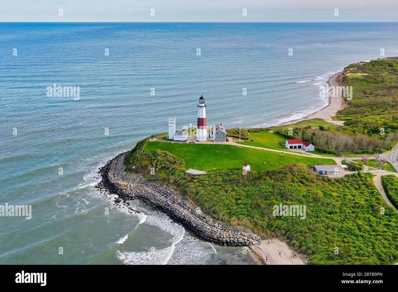 Aerial view of the Montauk Lighthouse and beach in Long Island, New ...