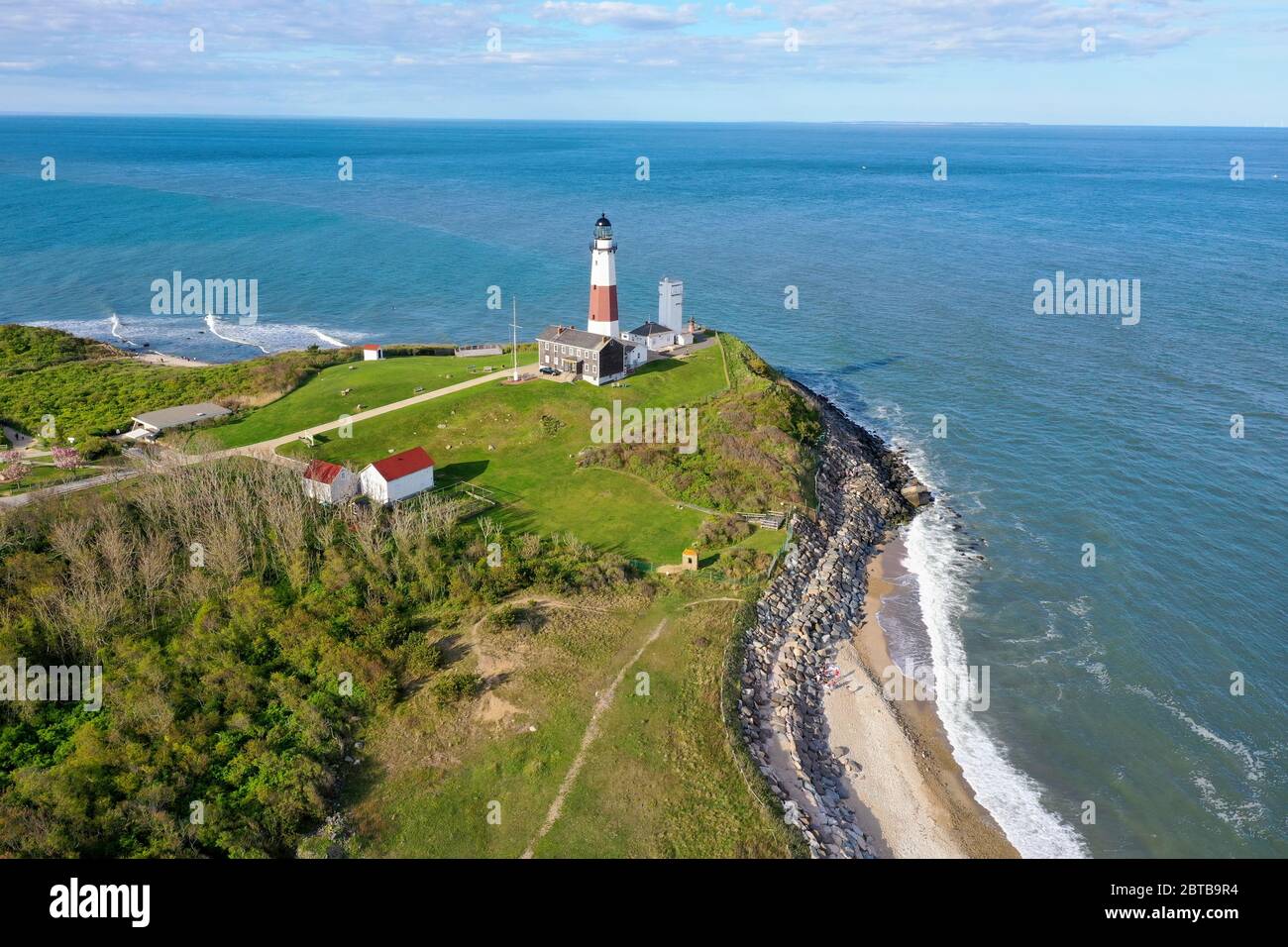 Aerial view of the Montauk Lighthouse and beach in Long Island, New ...