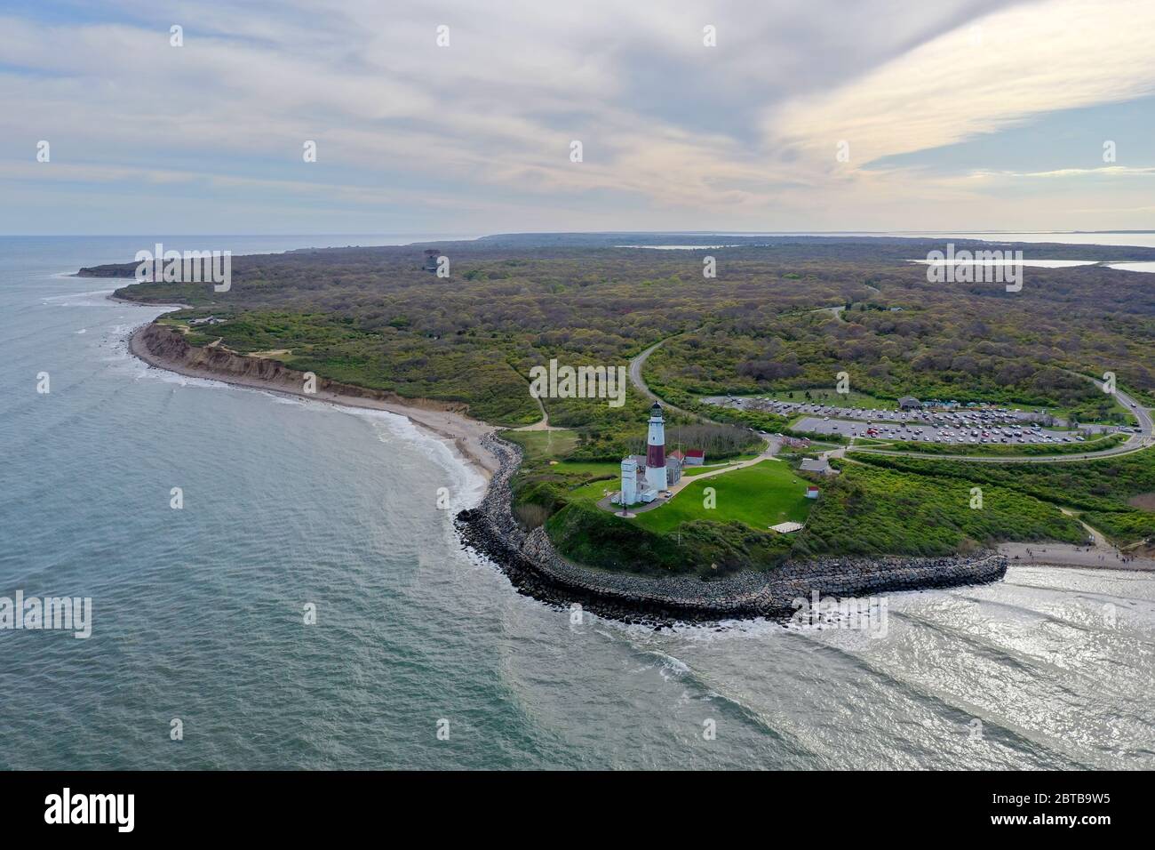 Aerial view of the Montauk Lighthouse and beach in Long Island, New ...