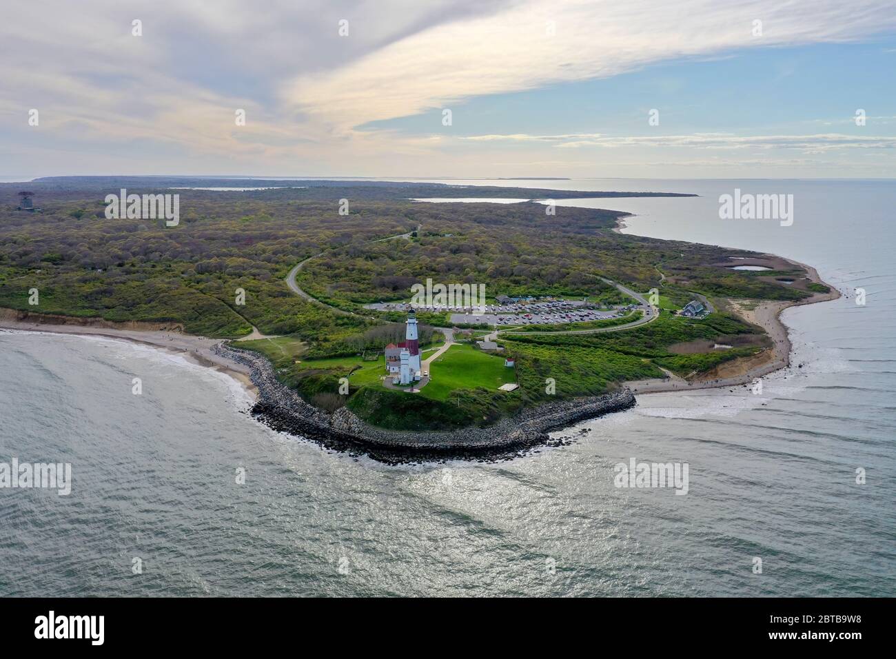 Aerial view of the Montauk Lighthouse and beach in Long Island, New ...