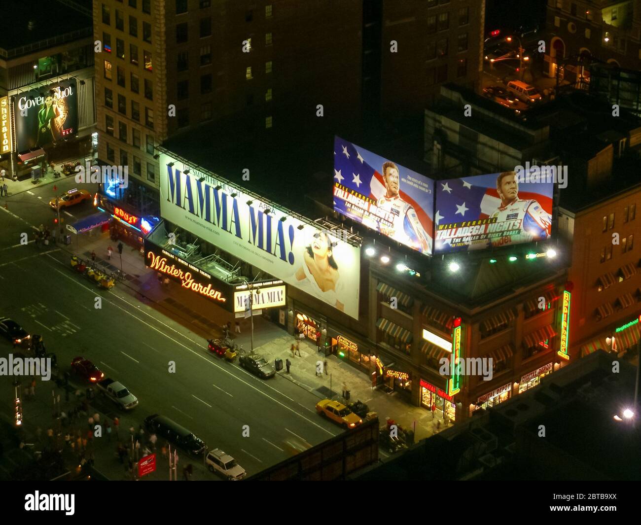 New York City - July 6, 2006: Aerial view of Mamma Mia and billboards ...