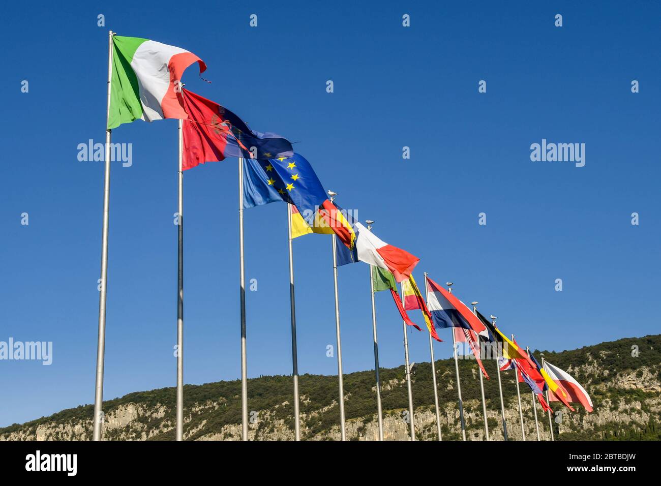 Flags of the Member States of the European Union flying over the ...