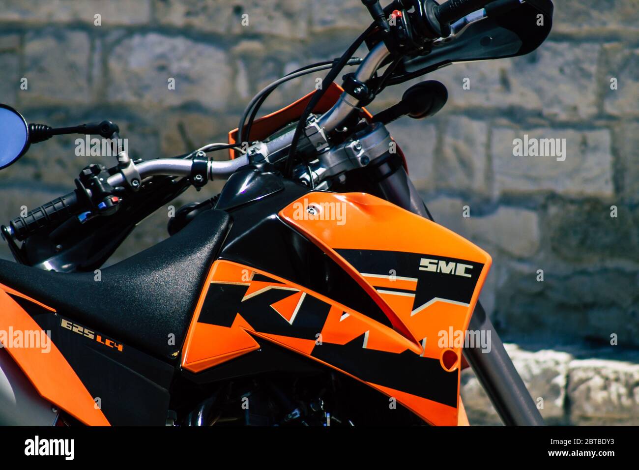 Limassol Cyprus May 24, 2020 Closeup of a KTM motorcycle parked in the ...