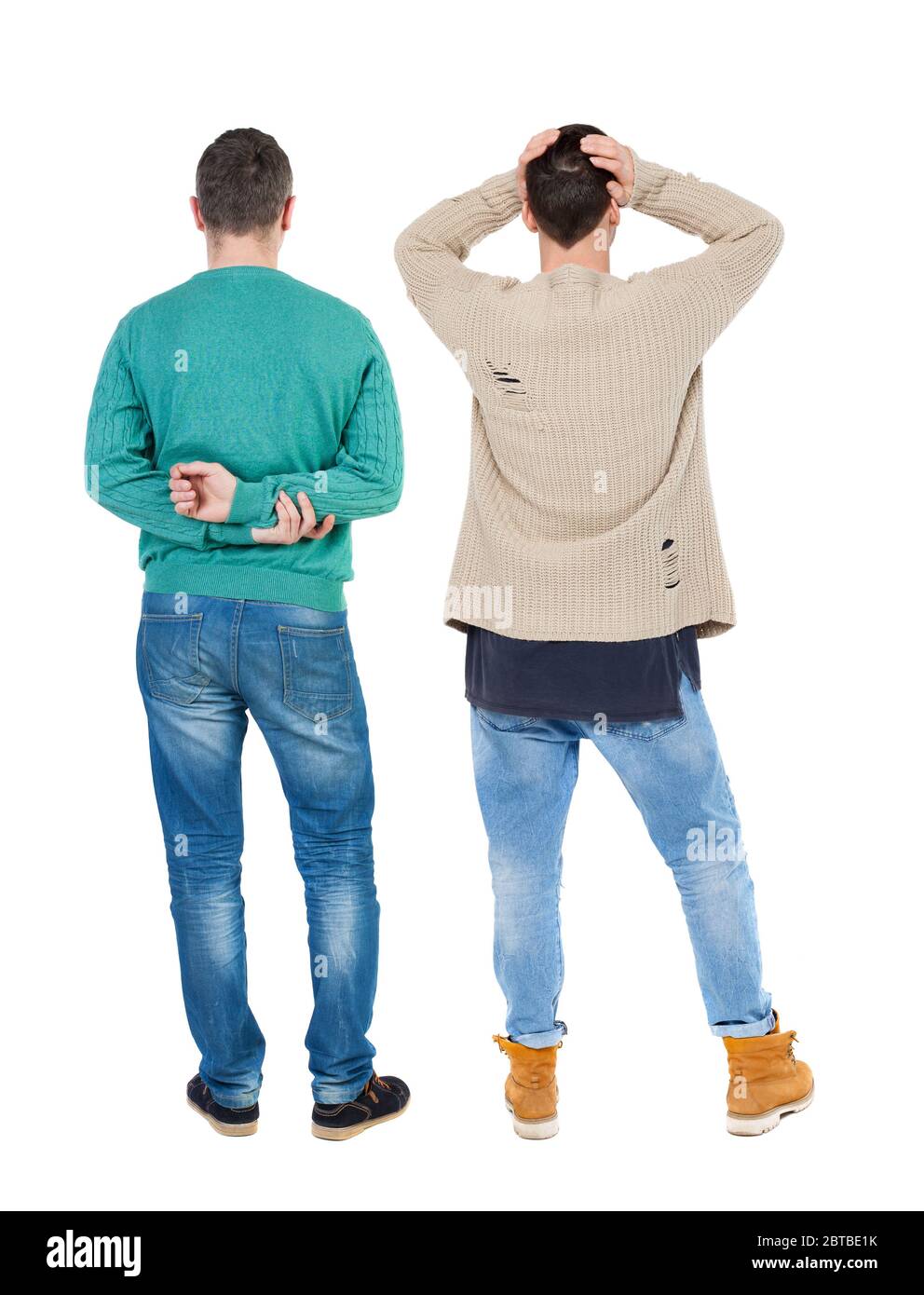 Back view of two man in sweater pointing. Rear view people collection ...