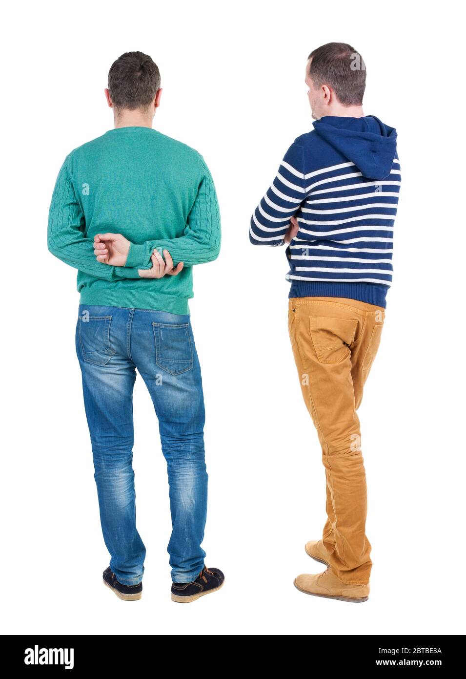 Back view of two man in sweater pointing. Rear view people collection ...